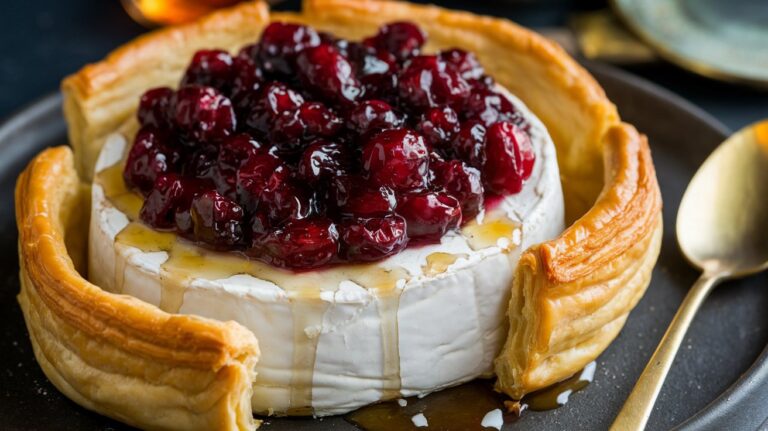Baked Brie Cheese Wheel, Topped with Homemade Cranberry Sauce - Juicy ...