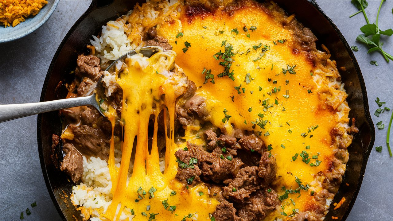 Cheesy Beef and Rice Skillet - Juicy Recipe
